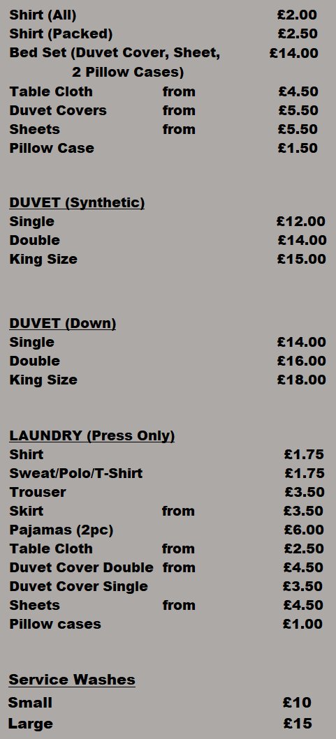 Launderette Price List | Aqua Dry Cleaners and Launderette