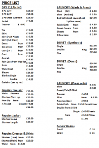 Launderette Price List | Aqua Dry Cleaners and Launderette